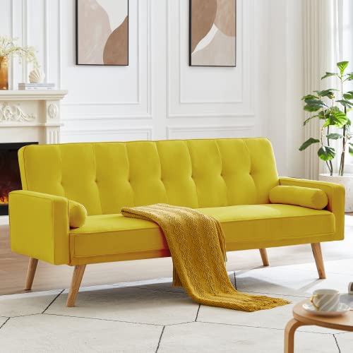 Anwickmak Yellow Velvet Couch, Small Sleeper Sofa Love Seat Includes 2 Pillows, 58" Tufted Loveseat Sofa, 4 Golden Metal Legs, Mid Century Modern Sofas for Living Room and Bedroom (Yellow)