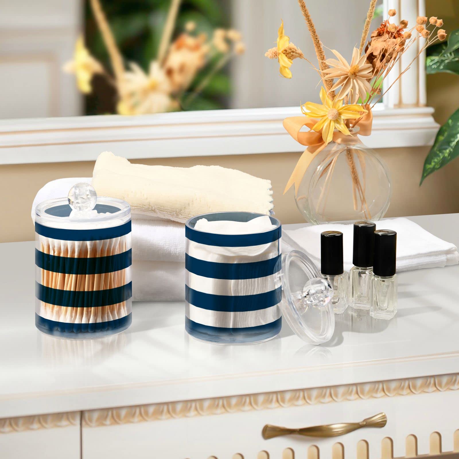 Navy Blue and White Striped 2 Pcs Qtip Holder Organizer Dispenser Storage Canister Plastic Apothecary Jars Bathroom Vanity for Cotton Swab Ball Pads Floss
