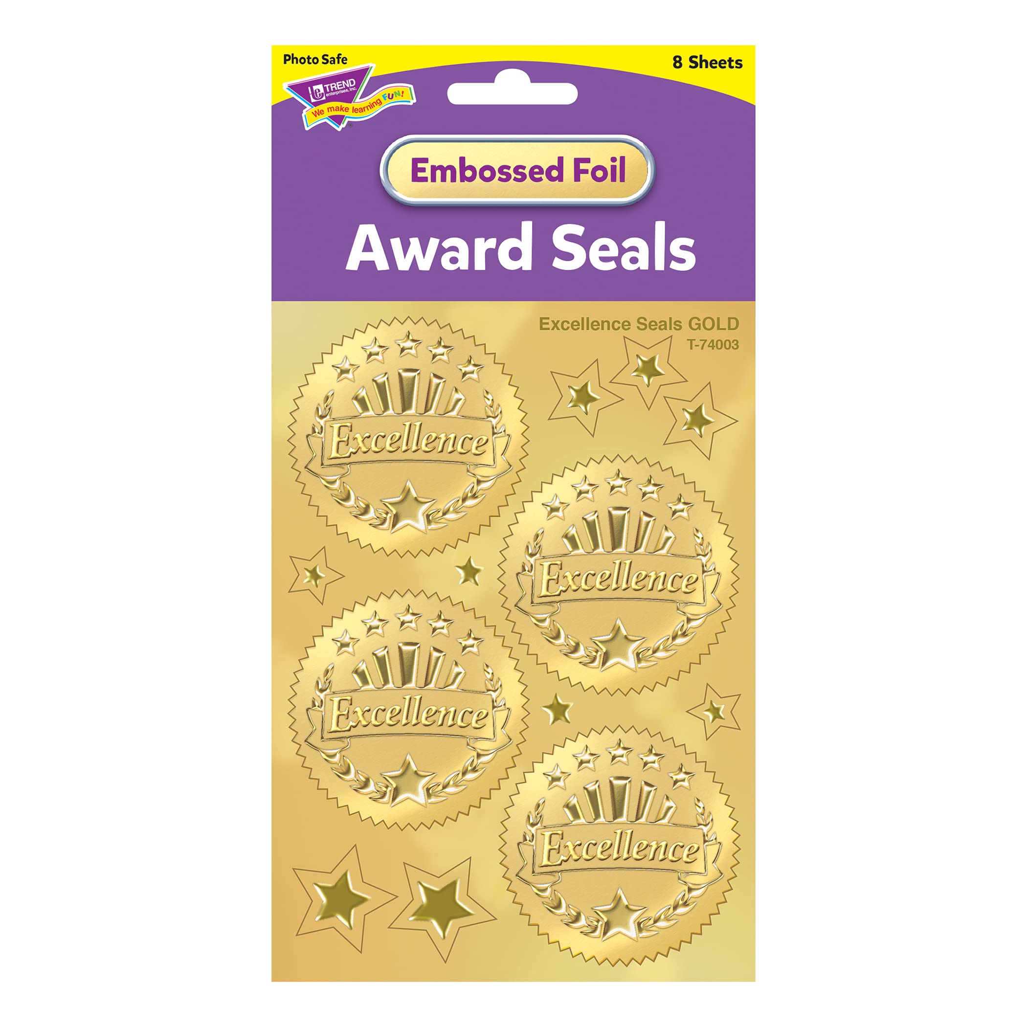 Excellence Gold Award Seals Stickers by TREND enterprises, Inc.; 8 sheets, 42 seals