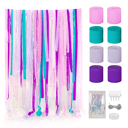Unicorn Party Decorations Party Streamers,Crepe Paper Streamers 8Rolls with Tinsel Curtain Party Backdrop Glitter,Mix Pink and Purple Streamers in 4 Pastel Colors for Birthday,Photo Booth,Wedding