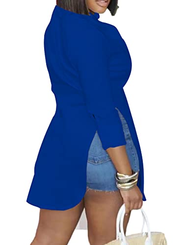LYANER Women's Collar V Neck Button Front Long Sleeve Slit Hem Long Shirt Blouse Tops Royal Blue Large