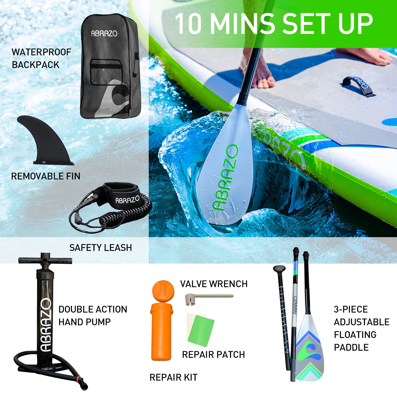 Abrazo Inflatable Stand Up Paddle Board for Adults - Durable, Thick and Slip Resistant Paddle Board with SUP Accessories: Paddle, Patch Repair Kit, Hand Pump, SUP Leash, and SUP Backpack