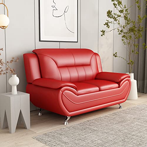 Container Furniture Direct Michael Modern Faux Leather Upholstered Stainless Steel Legs Living Room Loveseat, Red