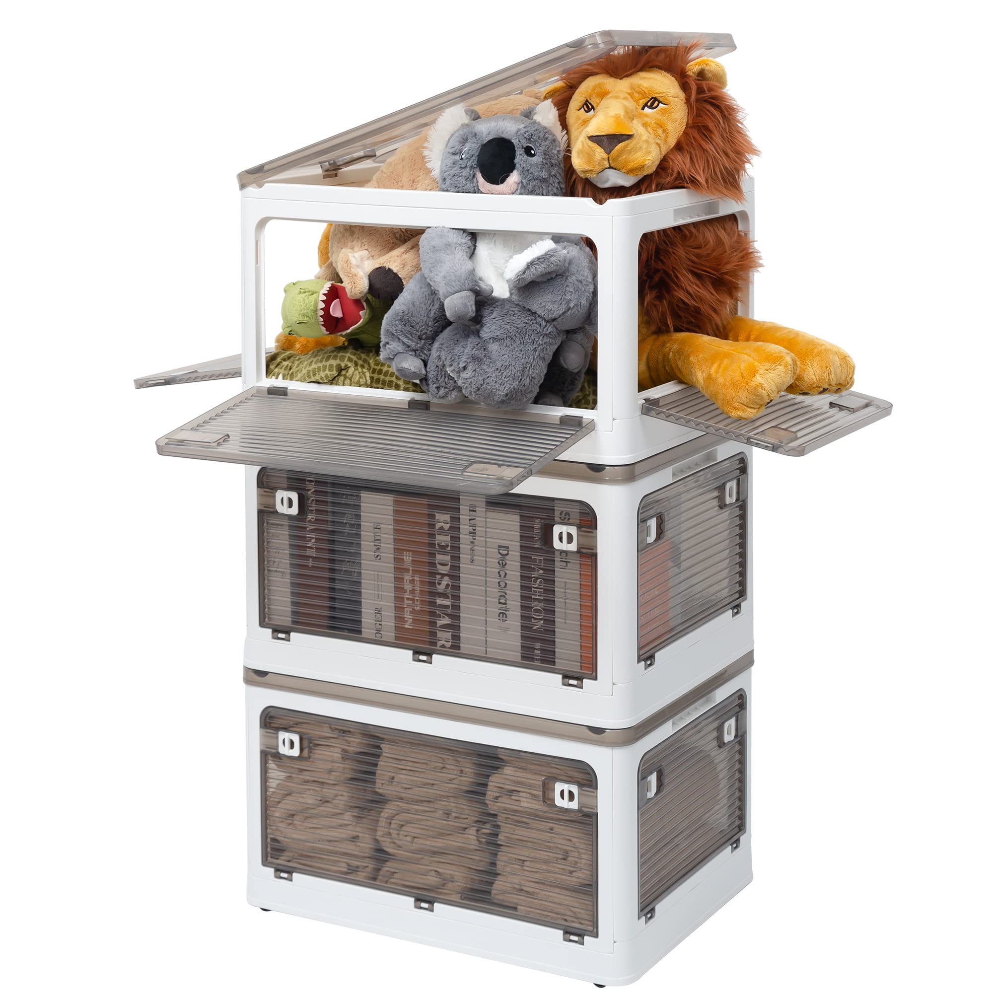 Ziihome Storage Bins with Lids,3 Pack Collapsible Storage Bins, Plastic Storage Bins for Closet Organizer,Folding Storage Box, Stackable Toy Storage Bins, Storage Box with Door (15 Galx3, White)