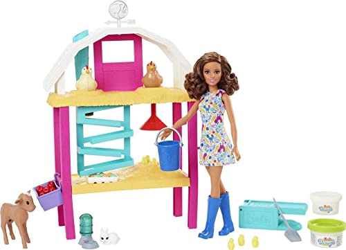Barbie Doll & Playset, Hatch & Gather Egg Farm with Hatching Molds & Dough, Chicken Coop, 10 Animals & Accessories, Brunette Doll