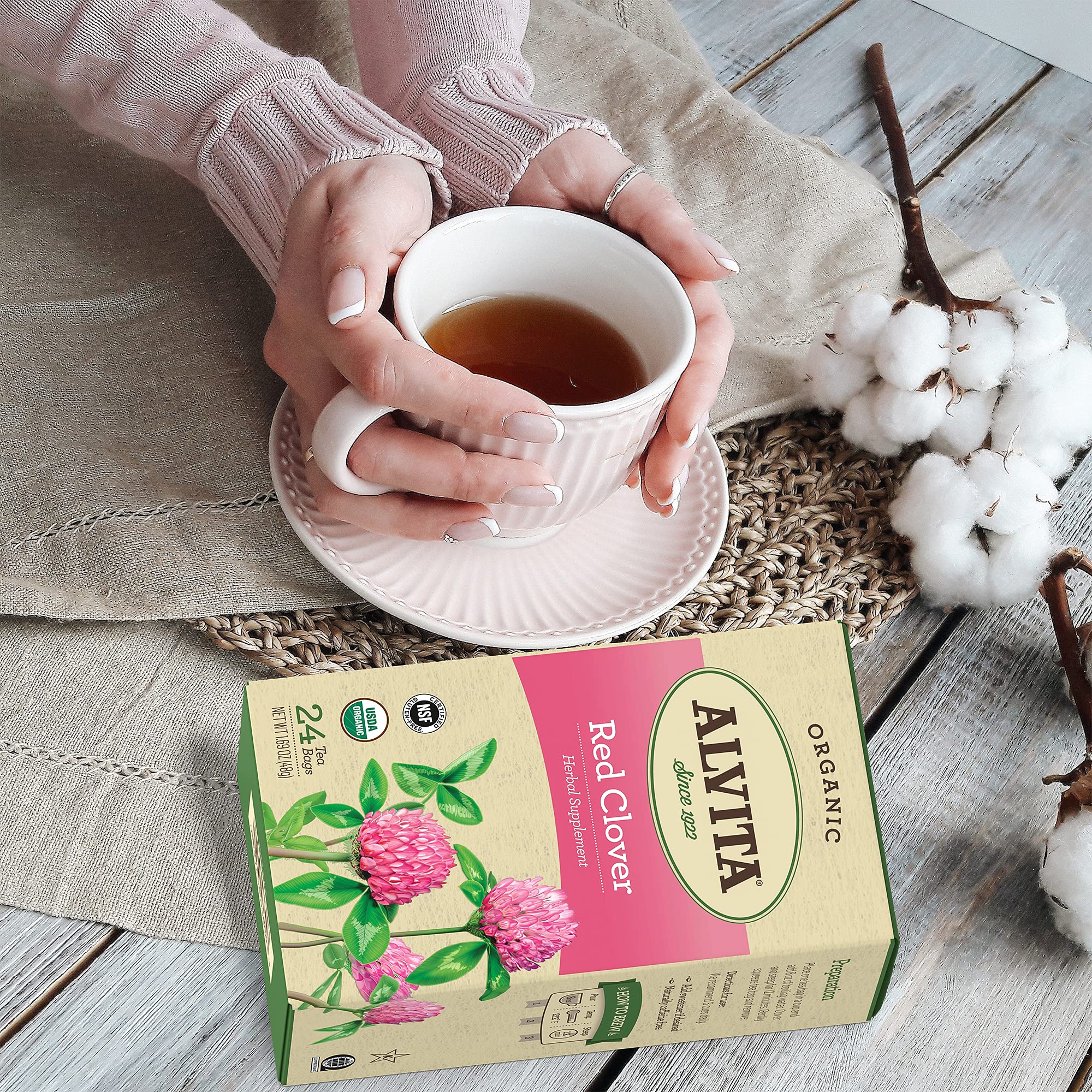 Alvita Organic Red Clover Herbal Tea - Made with Premium Quality Organic Red Clover Blossoms, with Dried Sweet Grass Flavor, 24 Tea Bags