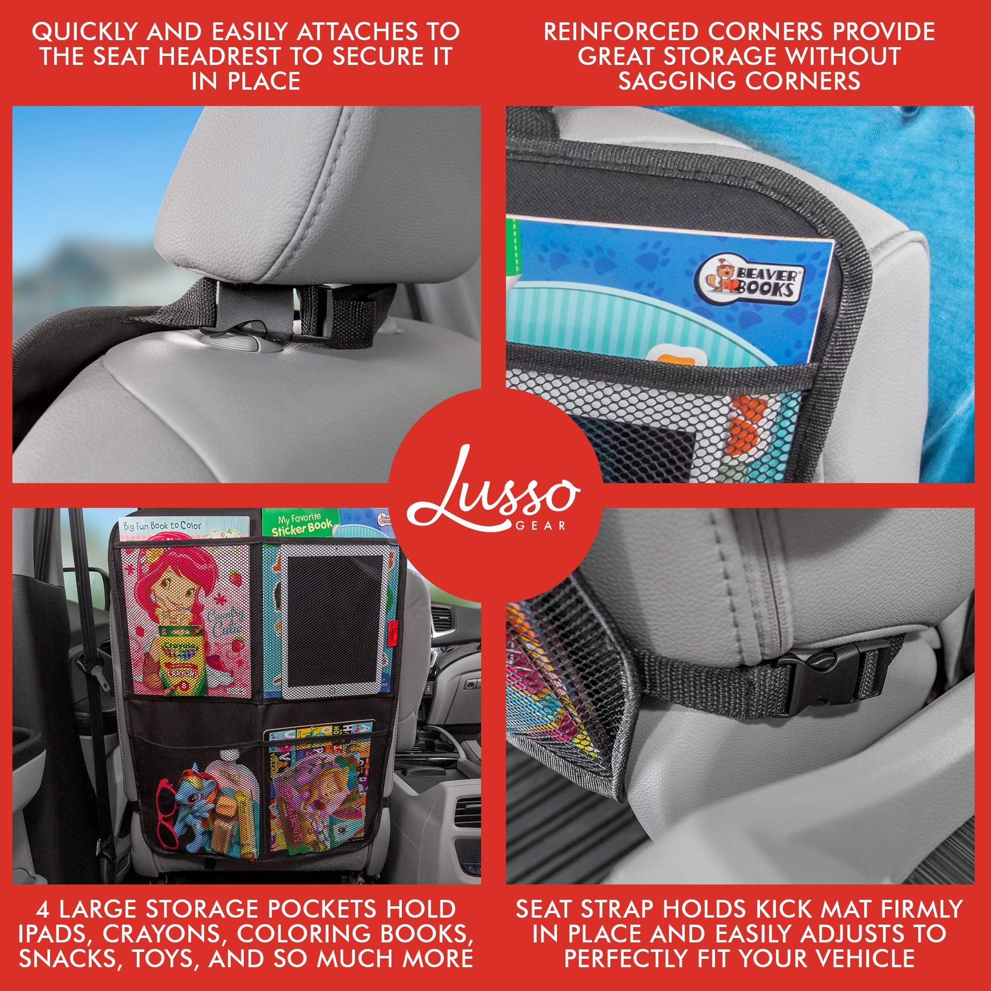Lusso Gear Kick Mats (2 Pack) - Car Seat Back Protectors, Premium Waterproof Fabric, Reinforced Corners to Prevent Sag, and 4 Mesh Pockets for Large Storage (Black)