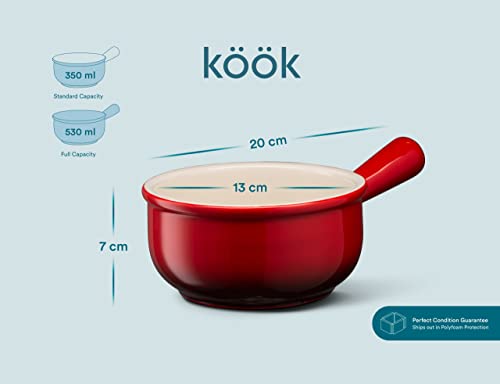 KooK French Onion Soup Crocks, Ceramic Bowls, Broil, Oven, Microwave and Dishwasher Safe, for Cereal, Soups, Casseroles, with Handle, Stoneware, 15 oz, Set of 4, Red Ombre