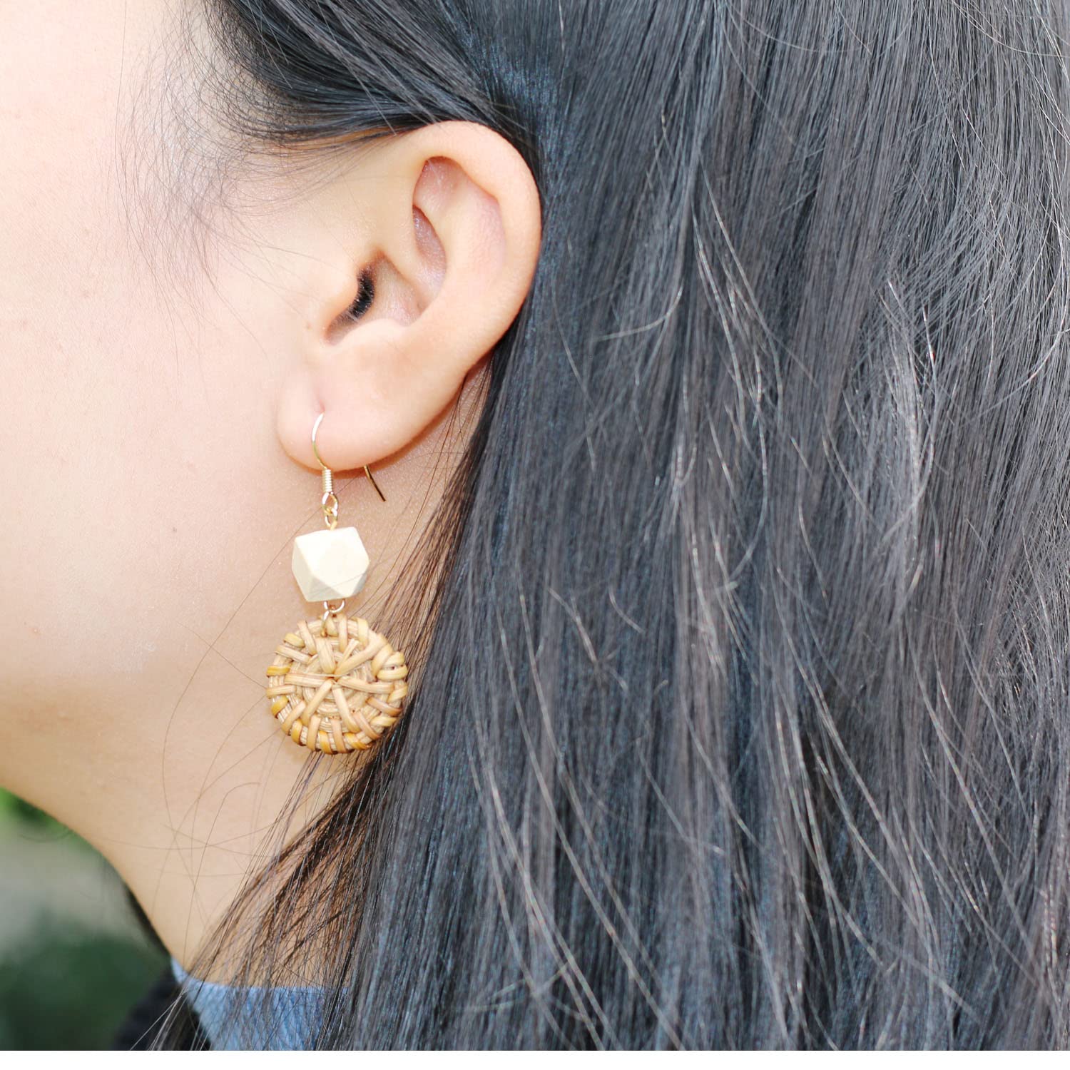 4 Pairs Geometric Rattan Earrings,Tassel Woven Bohemian Earrings for Women Girls Straw Braid Hoop Drop Dangle Earring