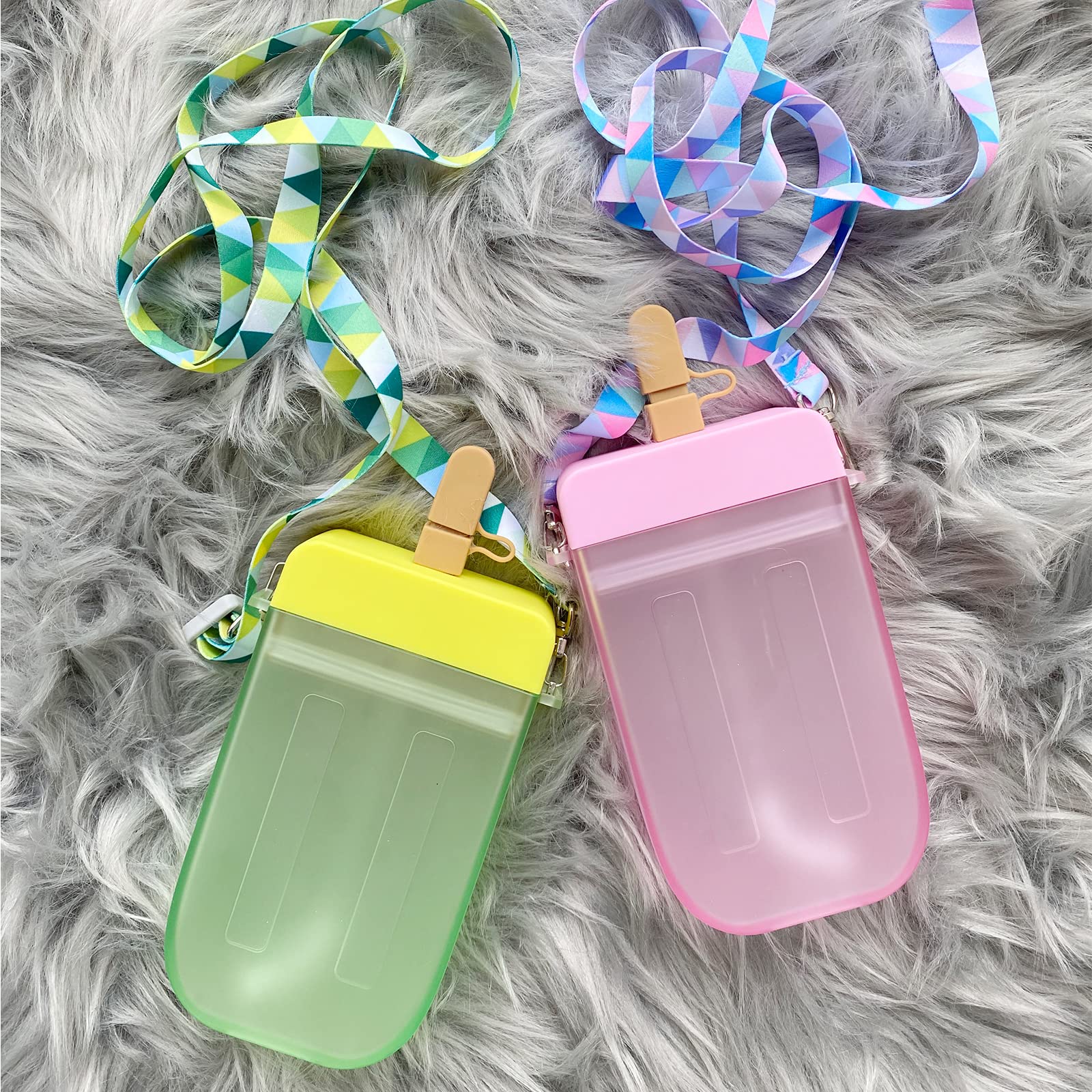 AGUDOU Cute Water Bottles with Straw, Sports Popsicle Water Bottle with Adjustable Shoulder Strap, Creative Portable Ice Cream Popsicle Cup for School Kids Girls Drinking Bottles Camping (pink)