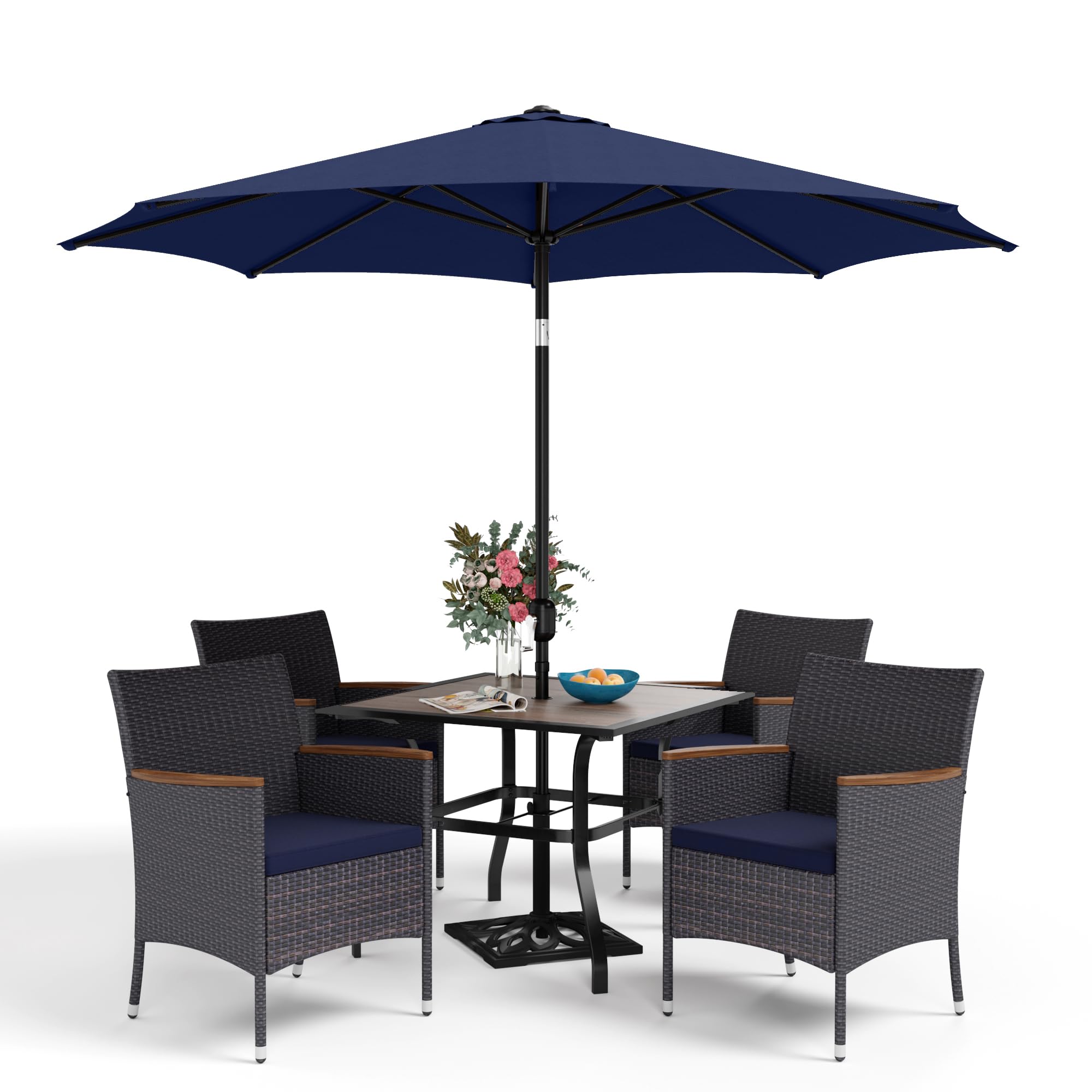 Sophia & William 5 Pieces Outdoor Furniture with 9ft Navy Patio Umbrella, Outdoor Patio Dining Set for 4 People, Square Faux Wood Patio Table and Rattan Chairs, Patio Furniture Set with Seat Cushions