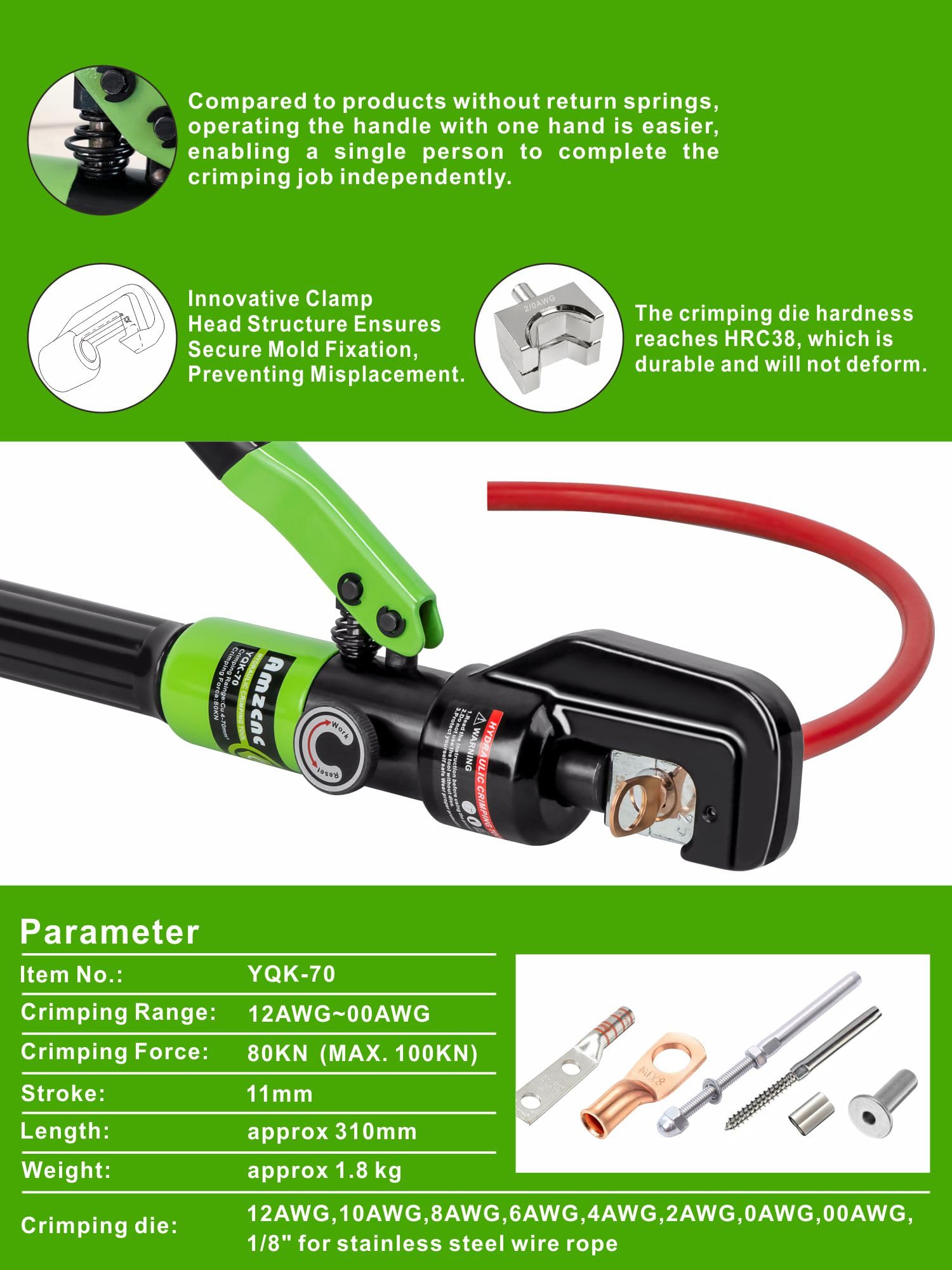 AMZCNC 10 Tons Hydraulic Wire Battery Cable Lug Terminal Crimper Crimping Tool With 9 Pairs of Dies