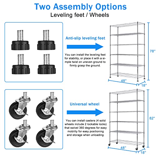 Wire Shelving Unit with Wheels, 6 Tier Adjustable Metal Shelving Heavy Duty Storage Shelves 2100 Lbs Capacity 48" L X 18" W X 82" H Metal Shelf for Pantry Kitchen Basement, Chrome