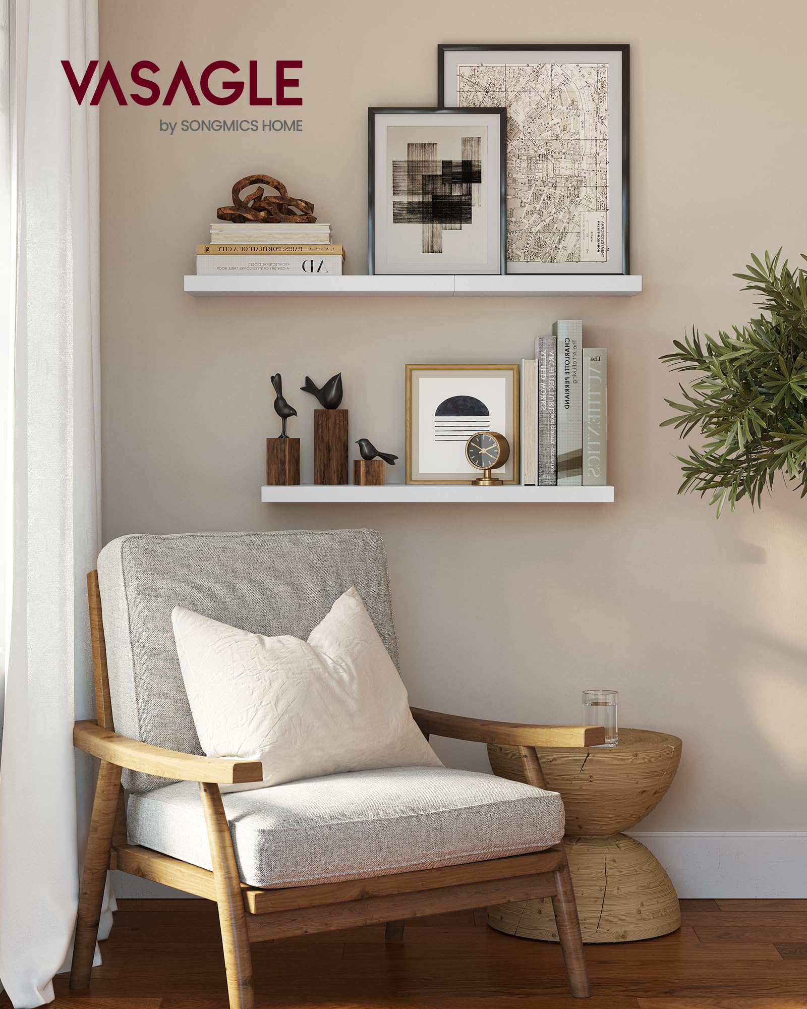 VASAGLE Wall Shelves Set of 2, Floating Shelves, Wall Mounted, 8 x 23.6 x 1.5 Inches, Display Shelves for Picture Frames, Wall Decor, Hanging Shelf for Living Room, Kitchen, White ULWS056W01