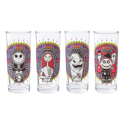 Silver Buffalo Disney Tim Burton Nightmare Before Christmas Day of the Dead Design 4 Pack Tumbler Glass Set, 10 Ounces