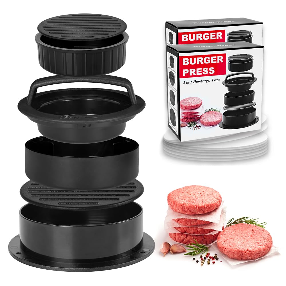atrccs Burger Meat Press, 3 in 1 Burger Press with Parchment Paper, Multifunctional Grill Press, Burger Meat Mold, Dishwasher-Safe and Non-Stick Patty Maker (Black)