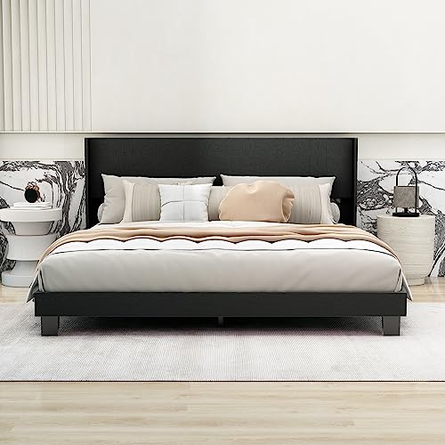 Tuconia Upholstered Platform King Size Bed Frame with Headboard Wooden Slats Support Easy Assembly No Box Spring Needed Black Linen