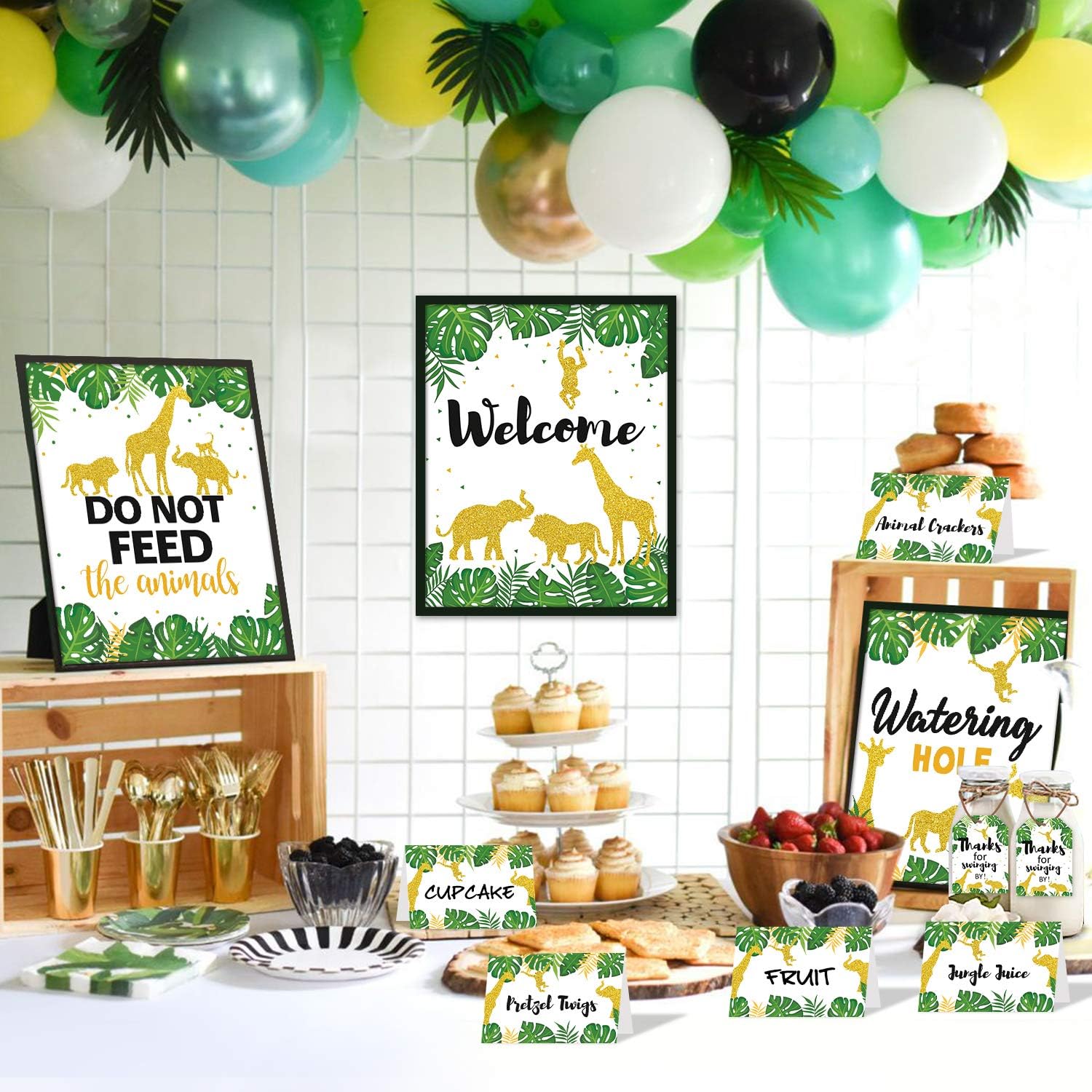 Bessmoso Gold Safari Party Favors Decorations Tropical Jungle Animals Dessert Table Set Welcome Sign Food Labels Cards Thanks Tags Jungle Safari Animals Wild Birthday Party Supplies
