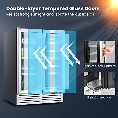 COSTWAY Wine and Beverage Refrigerator, 24 Inch Dual Zone Under Counter Wine Cooler w/Lock, 19 Bottles & 57 Cans Beverage Fridge Cooler, Built-In or Freestanding Beer Wine Fridge for Home Kitchen Bar