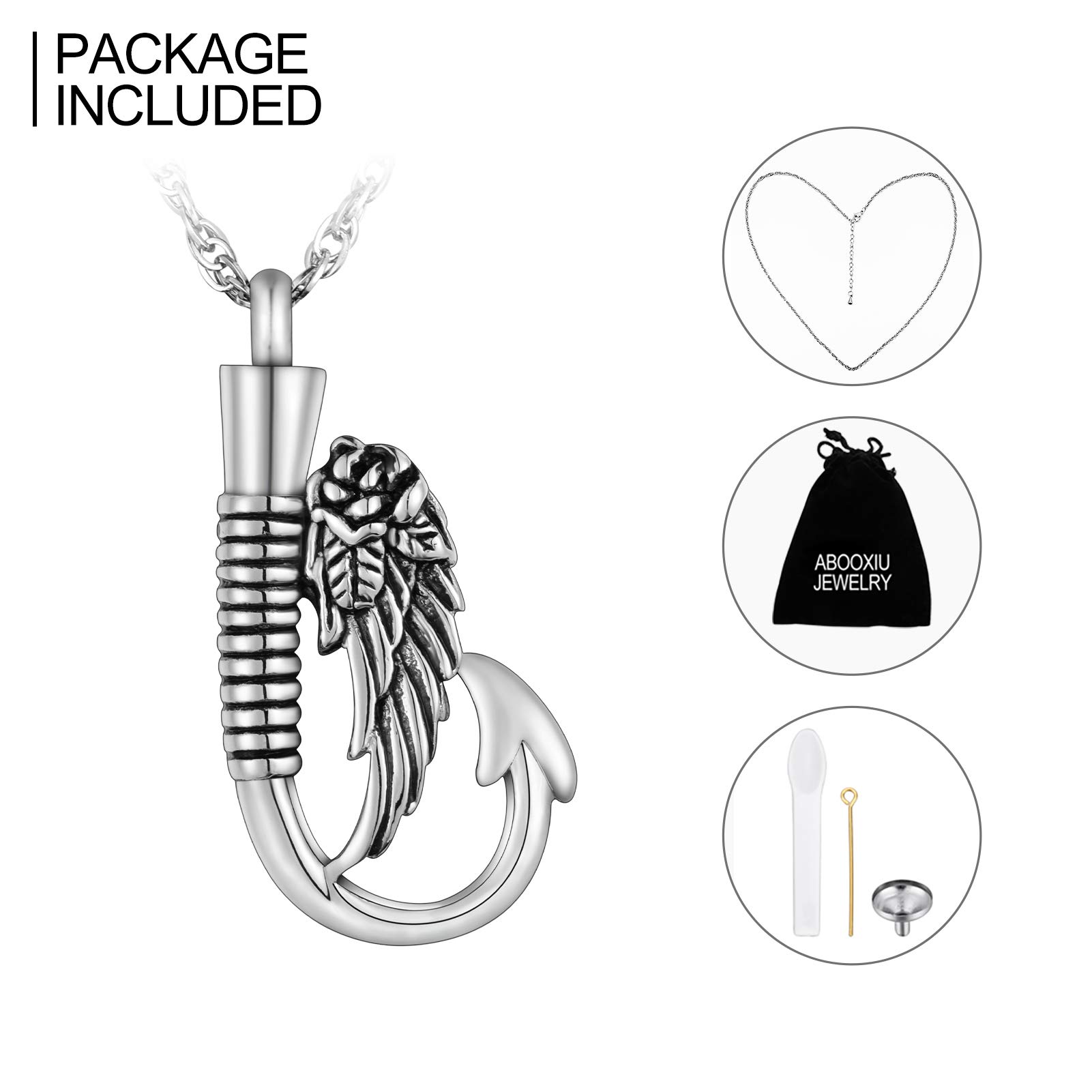 abooxiu Fishing Hook Urn Necklace for Ashes Angel wing Fish Hook Stainless Steel Cremation Jewelry Memorial Pendant Keepsake Ashes Holder