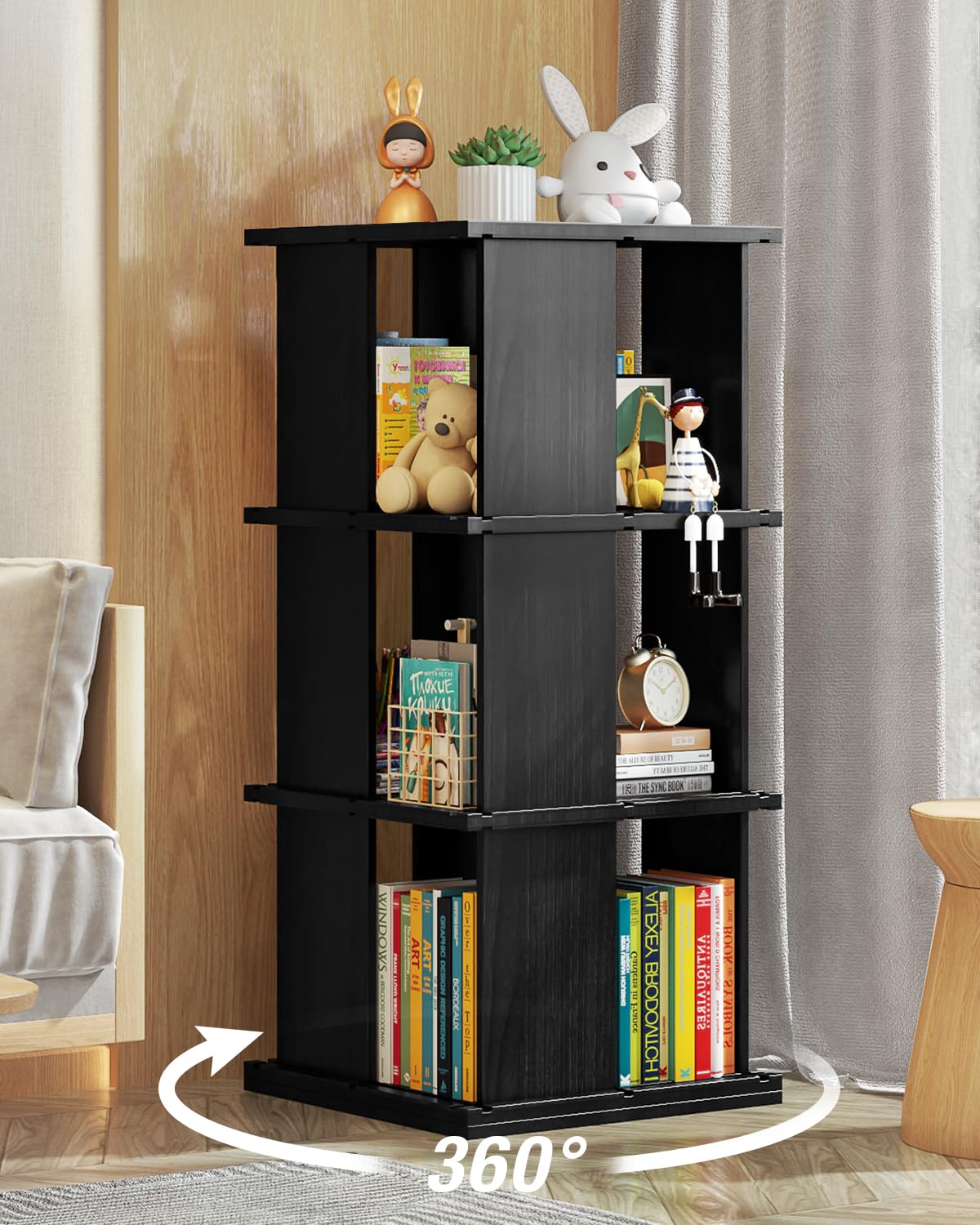 ATRURAL Rotating Bookshelf, 4-Shelf 360° Solid Wood Book Shelf Tower, Stackable Revolving Bookcase Organizer for Living Room, Bedroom, Study(White 4 Tier)