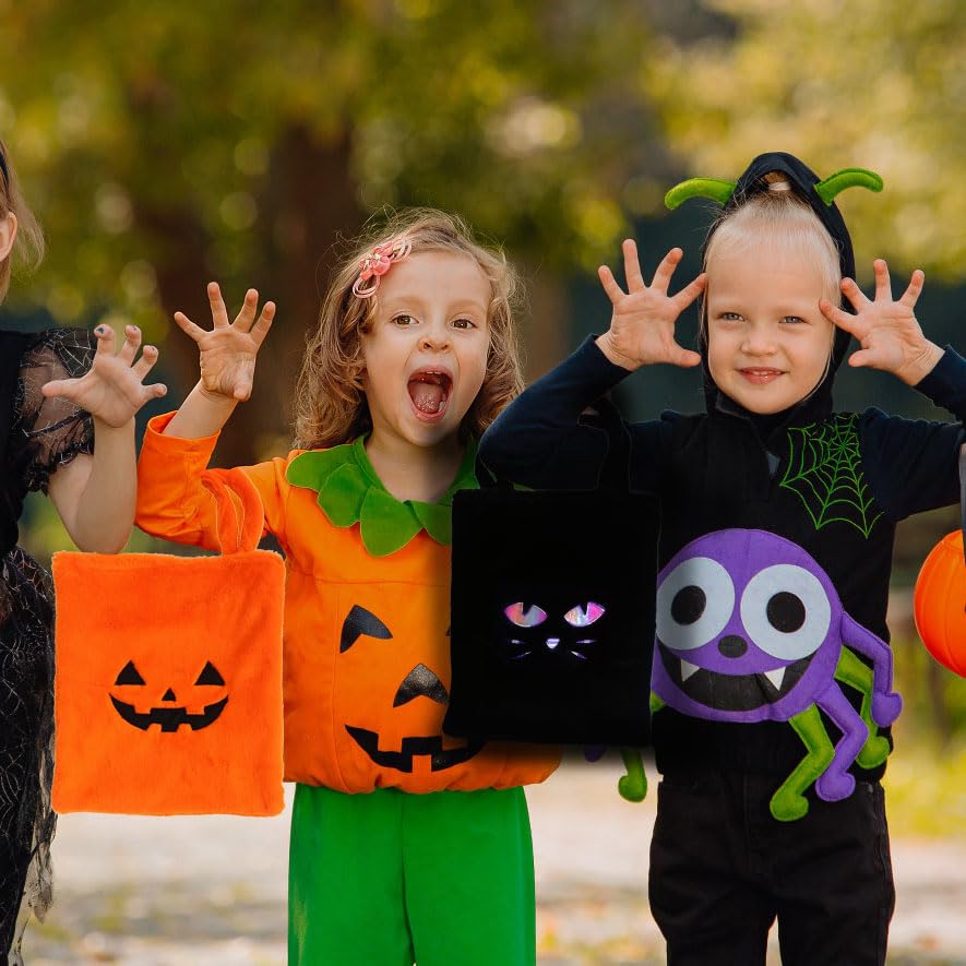 Hooin Halloween Candy Bags. 15.7'' X 11.8'' Large Soft Plush Trick or Treat Tote Bags.Pack of 2 (Pumpkin & Black Cat)