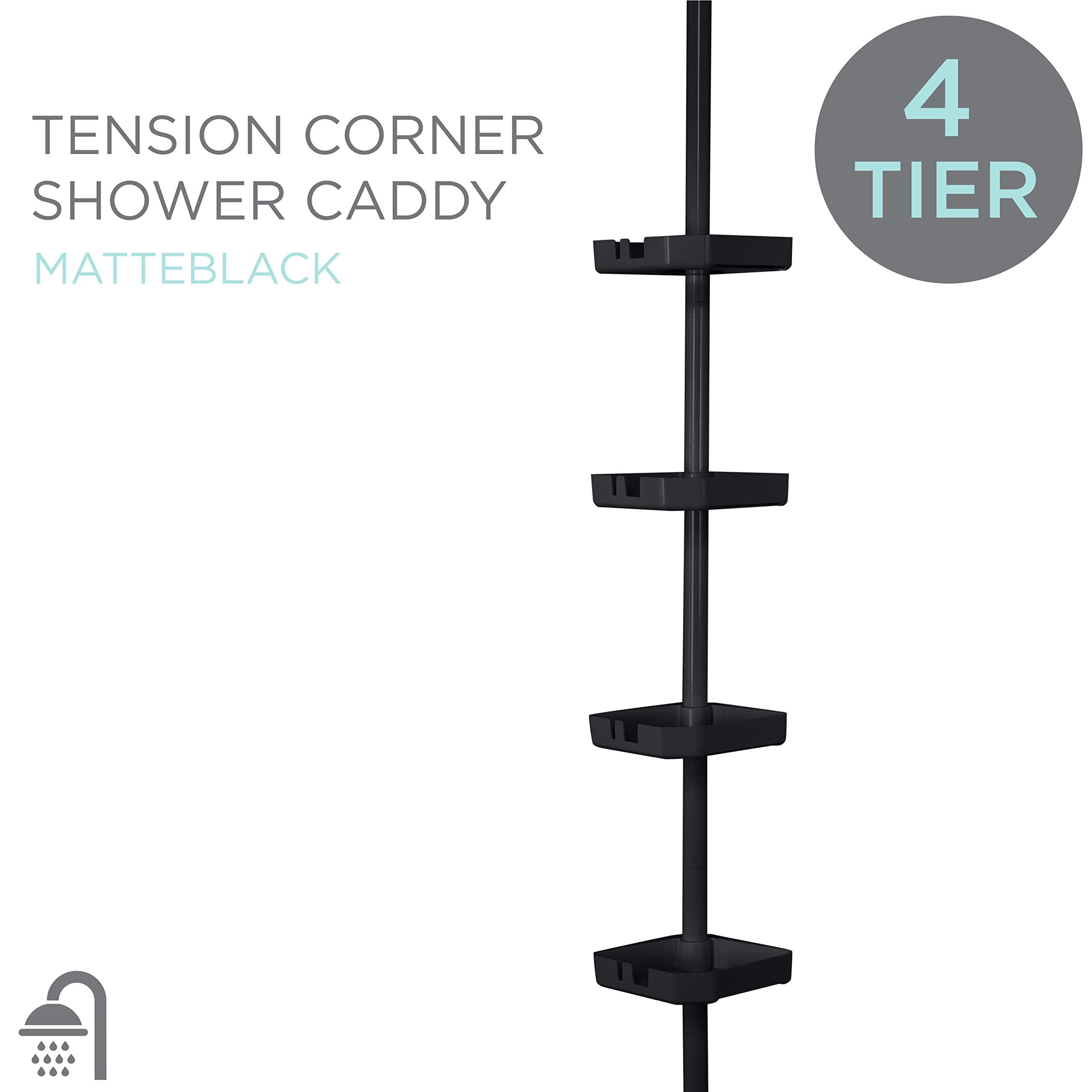 Bath Bliss 4 Tier Tensions Corner Shower Caddy Shelves Adjustable 48β-101β Bathroom Organizer Bathtub and Shower Stall Holds Large Bottles Soap Shampoo Washcloths Matte Black