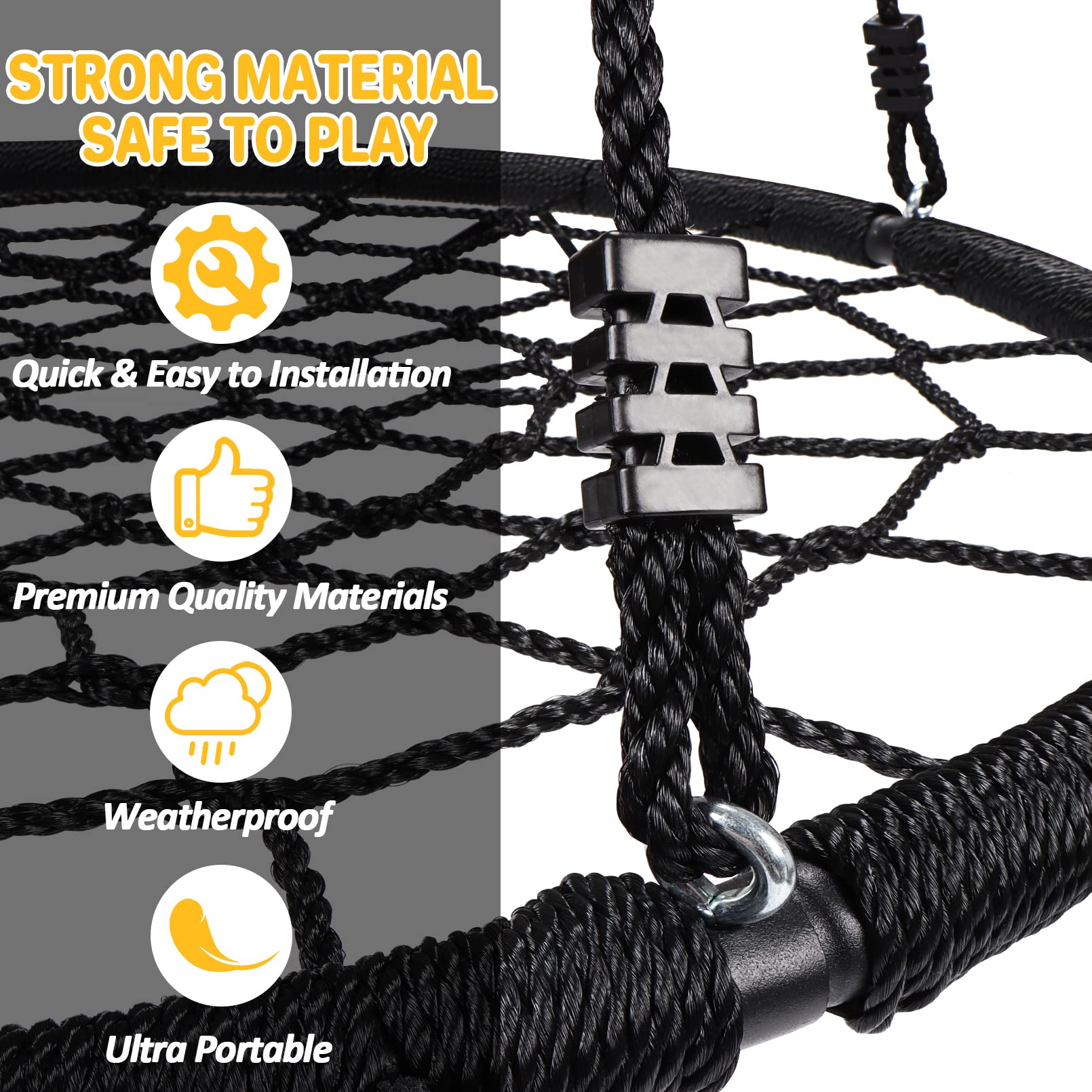 Pitpat 40" Spider Web Swing with 4 Ropes Adjustable from 55" to 102", Spider Swing for Kids for Kids MAX 440 Lbs Load and Stainless Steel Frame, Outdoor Large Web Swings for Tree - Black Upgraded