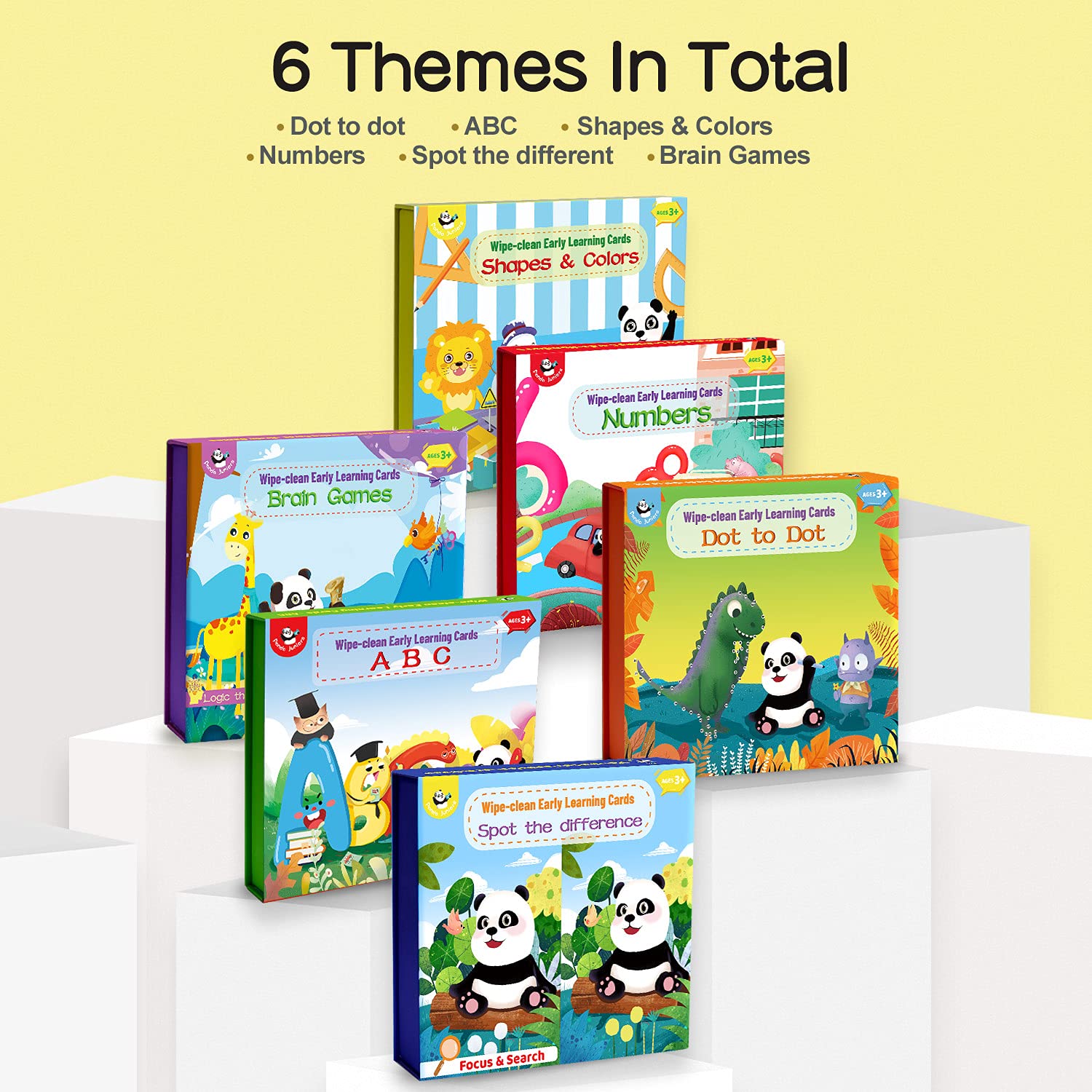 Panda Juniors Brain Games Flash Cards, Early Learning Flash Cards Toys Write and Wipe Practice Card, Preschool Educational Toys for 3 4 5 6 7 8 Years Old (30 Flashcards and Marker)