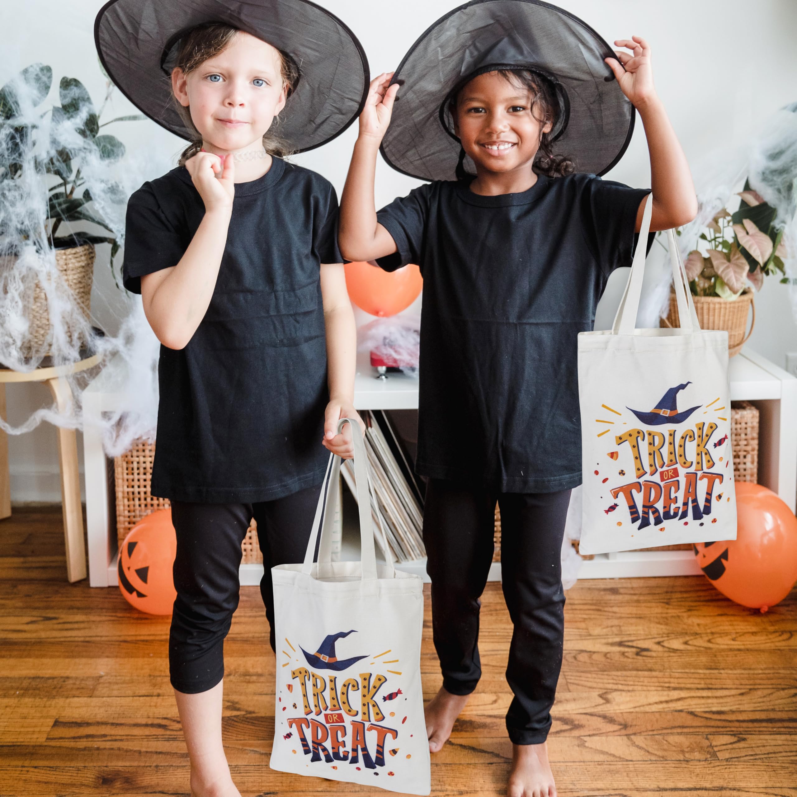 ATFUNSHOP Trick or Treat Bags Halloween Bags 15.7'' Witch Hat Canvas Reusable Large Tote Bucket for Kids