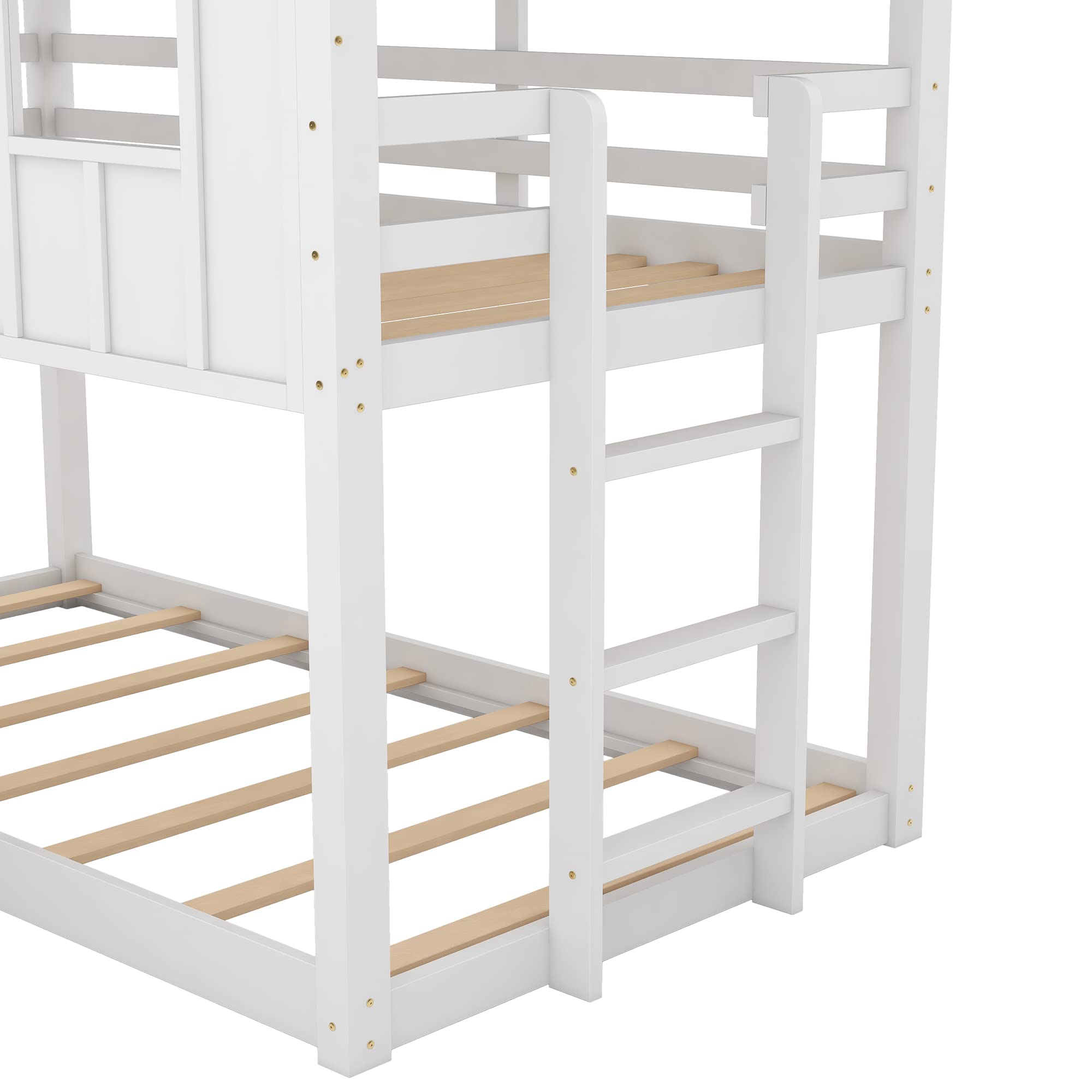 MERITLINE Twin Over Twin House Bunk Bed with Slide, Wooden Bunk Bed with Roof and Windows for Kids Teens Girls Boys – White
