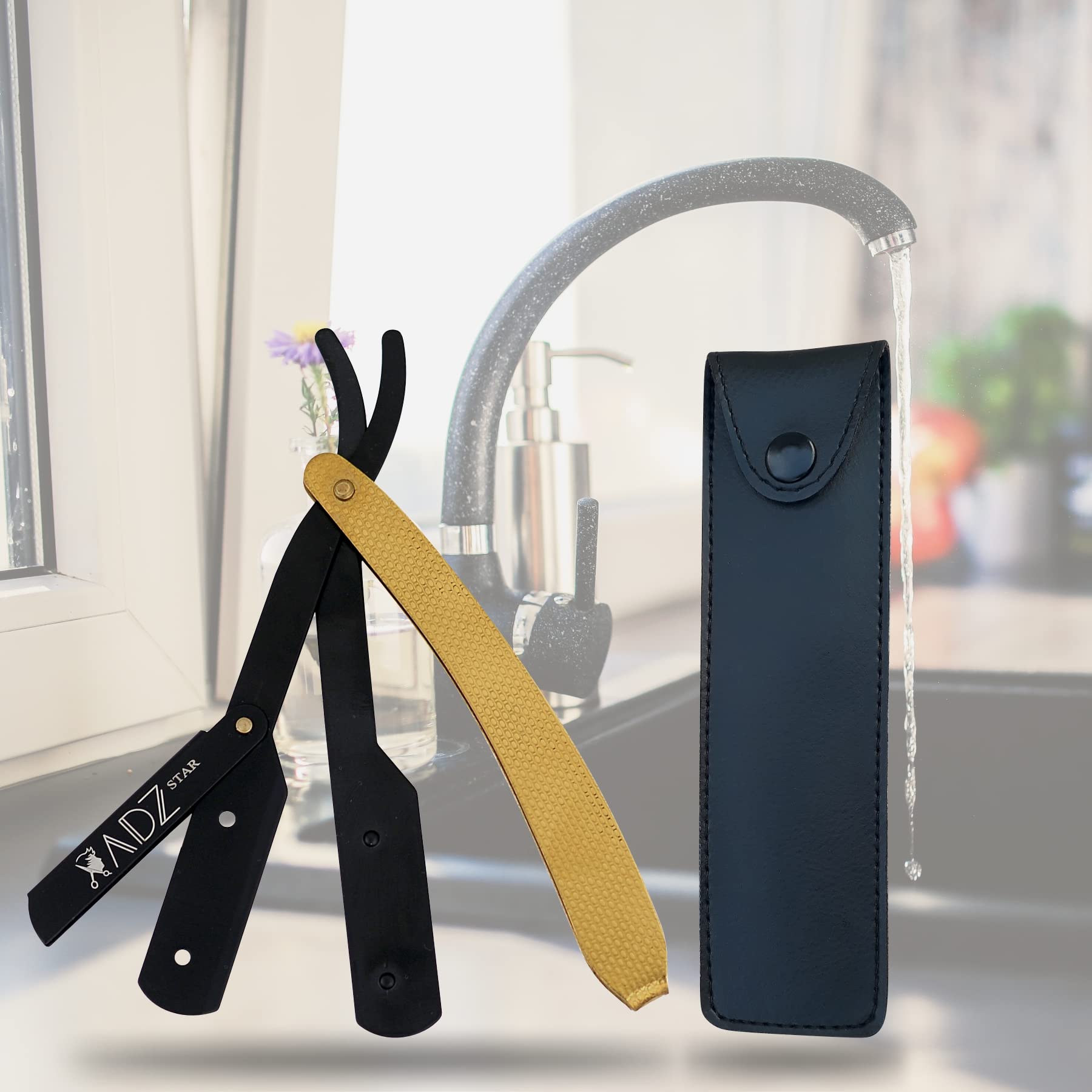 ADZ STAR Professional Straight Edge Razor with 10 Single Straight Razor Blades-Barber Straight Razor, BLACK & GOLD