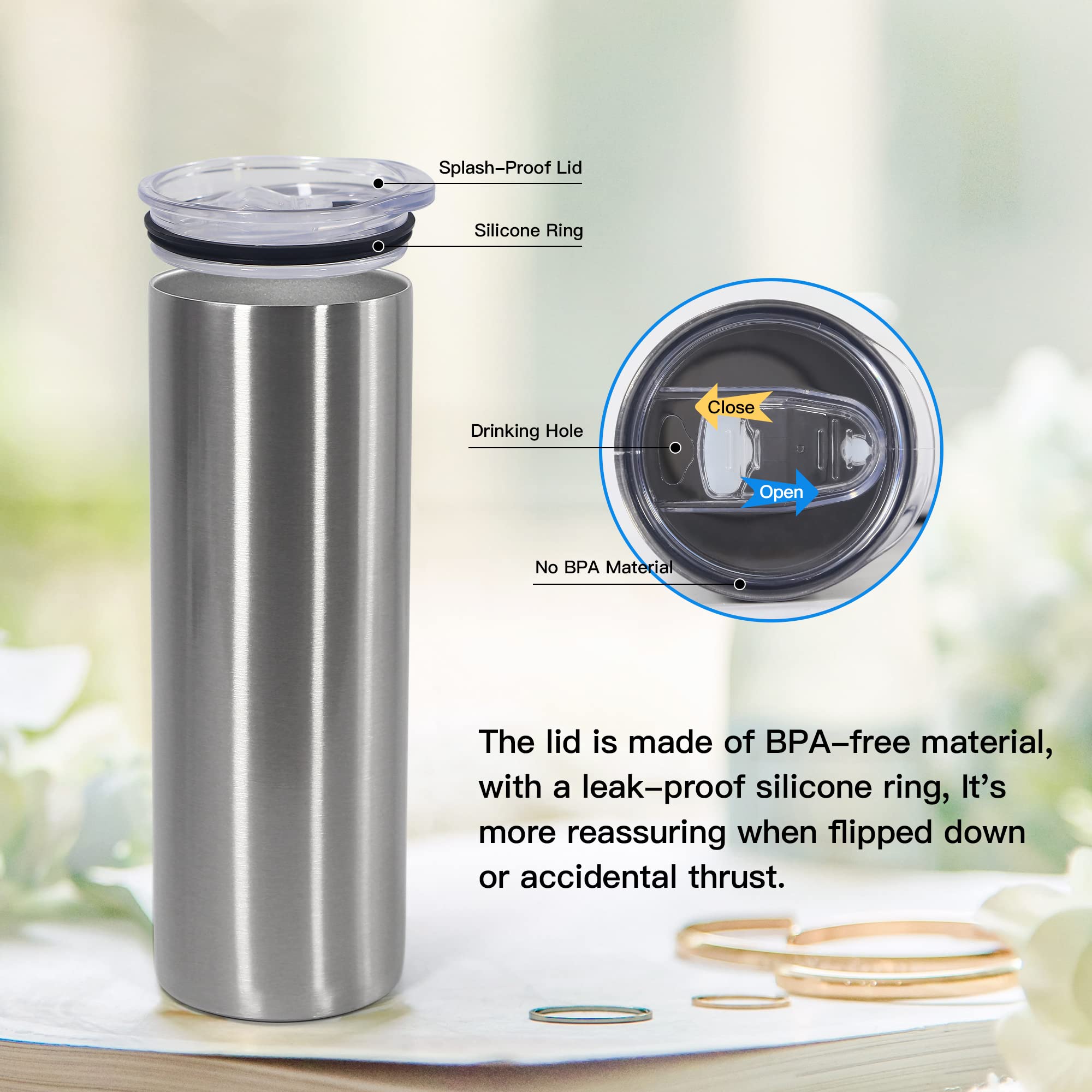 AGH 8 Pack 20oz sublimation tumbler blank, Stainless Steel Tumblers Bulk With Reuse Straw and Brush, Silvery Cup Vacuum Insulated Mug for Travel Coffee