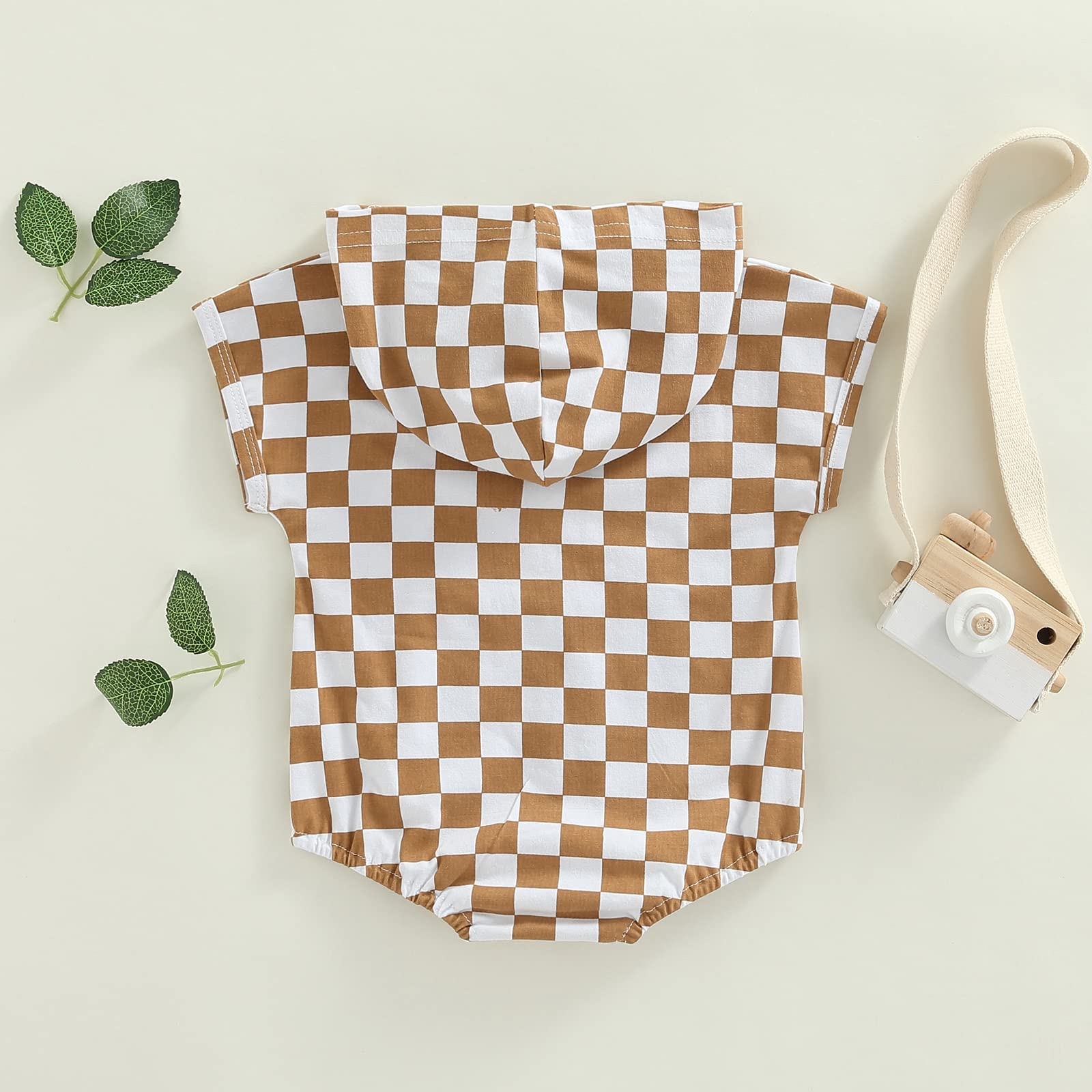 AEEMCEM Toddler Baby Boy Checkerboard Print Romper Short Sleeve Hooded Plaid Jumpsuit Bodysuit Outfit Cute Summer Clothes (Khaki, 3-6 Months)