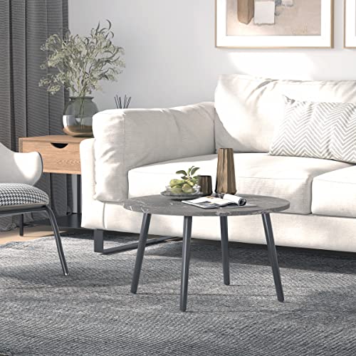 WiberWi Round Coffee Table 23.6β Small Coffee Tables for Living Room Faux Grey Marble Top Modern Circle Table Sturdy Black Solid Wood Legs Cocktail Table End Table
