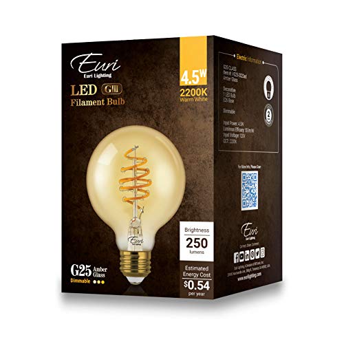 Euri Lighting VG25-3020ad, Dimmable LED G25 Filament, 4.5W, 250lm, 80 CRI, Warm White (2200K), 320° Beam, E26, 120V, Amber Glass, Wet Rated, UL, 2YR, 15K HR WTY, One Count