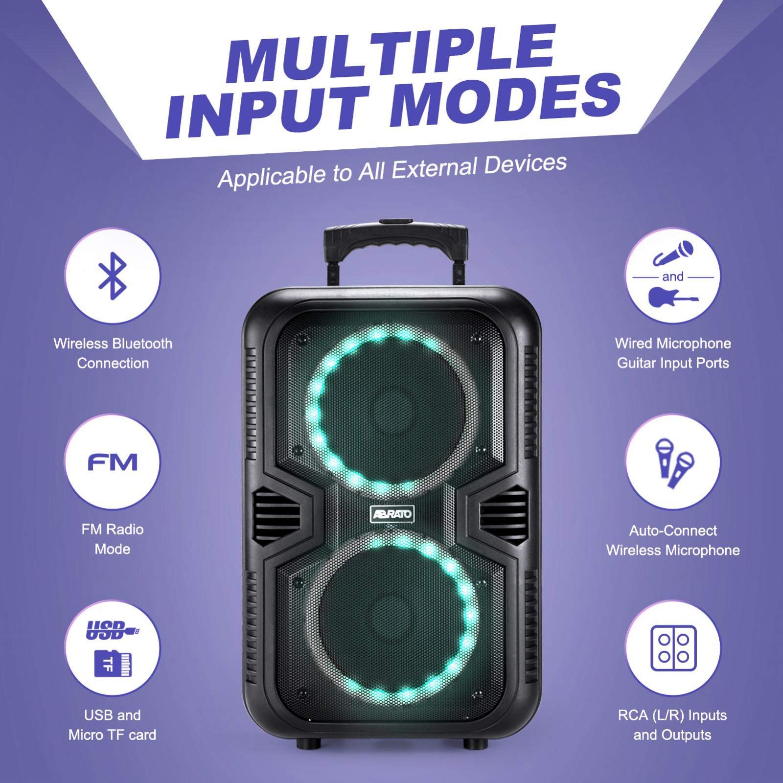 ABRATO Karaoke Machine for Adults & Kids β Bluetooth Speakers with Dual 8" Subwoofer & DJ Lights β Bonus 2 Wireless Microphones - Ideal for Home Party Camping Singing
