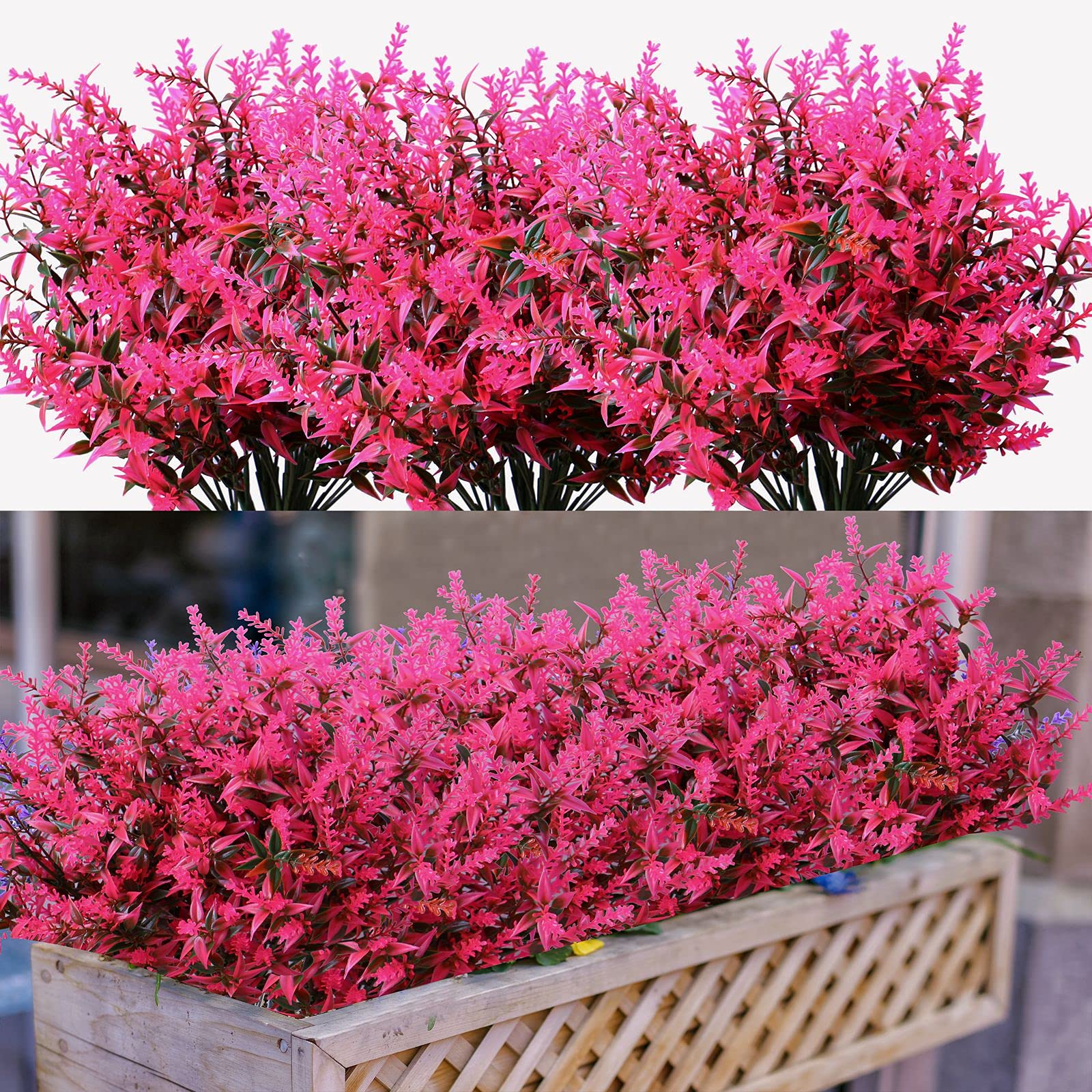 Gormiya 10pcs Outdoor Artificial Lavender Flowers UV Resistant Plastic Fake Lavender Purple Plants Faux Greenery Hanging Floral Arrangement for Window Box Garden Backyard Porch Home (Pink)