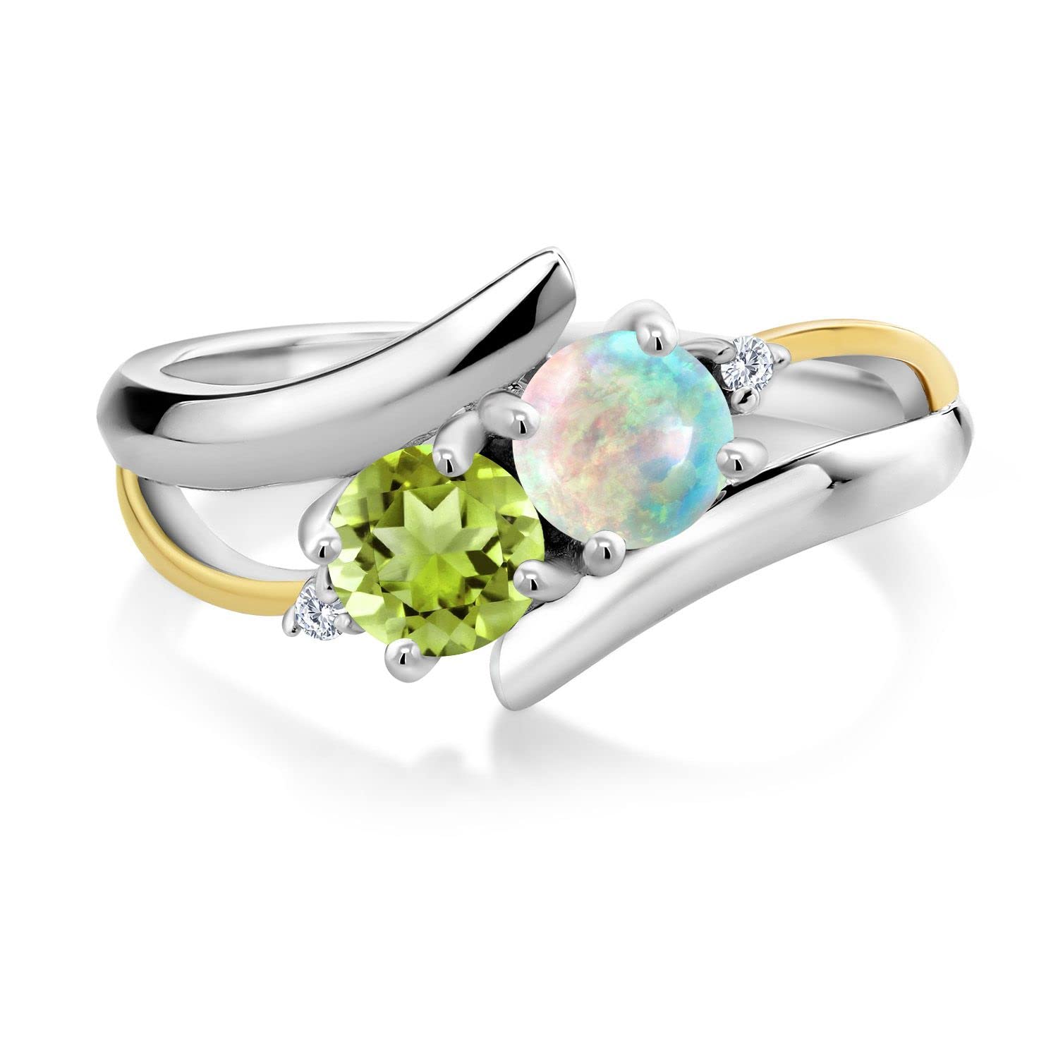 925 Sterling Silver and 10K Yellow Gold Round Cabochon White Simulated Opal Green Peridot and Lab Grown Diamond 2 Stone Crossover Ring For Women (1.07 Cttw, Available 5,6,7,8,9) (Size 9)