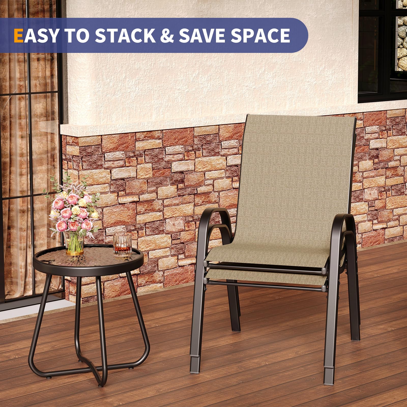 Amopatio 3 Piece Patio Set, Outdoor Stackable Dinging Chairs for All Weather, Breathable Garden Outdoor Furniture for Backyard Deck, Brown