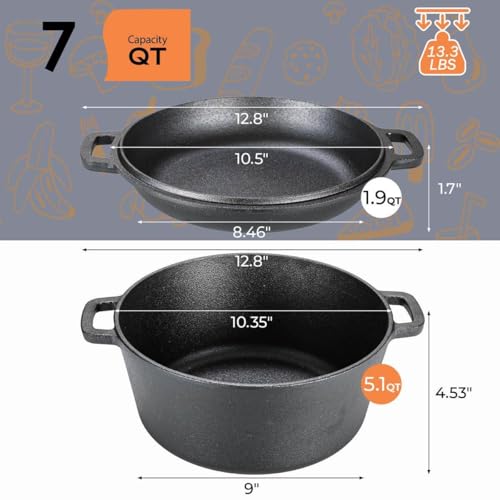 TLGREEN Cast Iron Dutch Oven Pot with Lid,Cast Iron Pot (5.1QT) and Cast Iron Lid as a Skillet(1.9QT) - Dutch Oven Cast Iron with Silicone Holders, Iron Stand, for Oven, Stove, Grill,Campfire