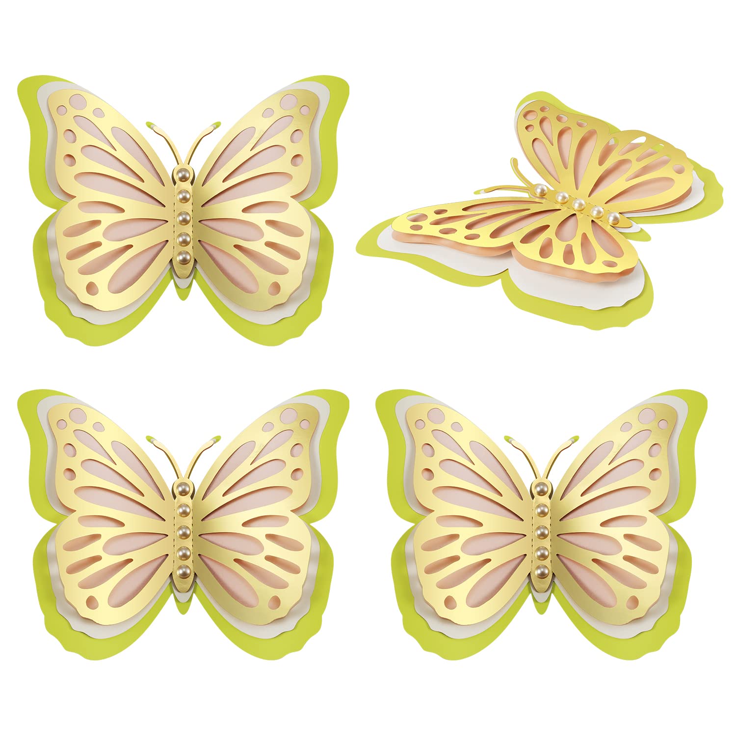 4 PCS 3D Large Butterfly Wall Decor, 12" 4 Layer 3D Butterfly Stickers Set with Artificial Pearls for Birthday Background Girls Bedroom Wedding Party Decorations (Golden)