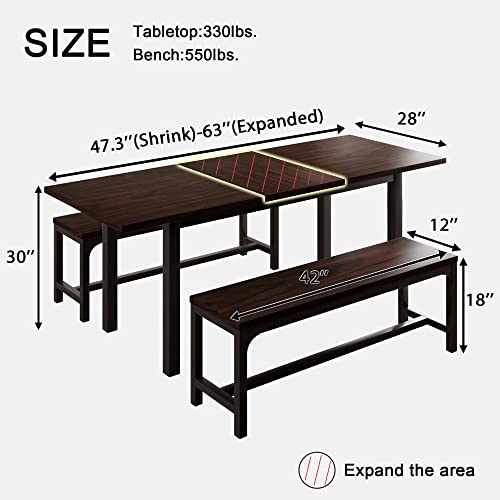 Feonase 3-Piece 63" XL Large Dining Table Set for 4-8 People, Extendable Kitchen Table Set with 2 Benches, Dining Room Table with Metal Frame and Solid MDF Wood Board, Easy Assembly, Espresso