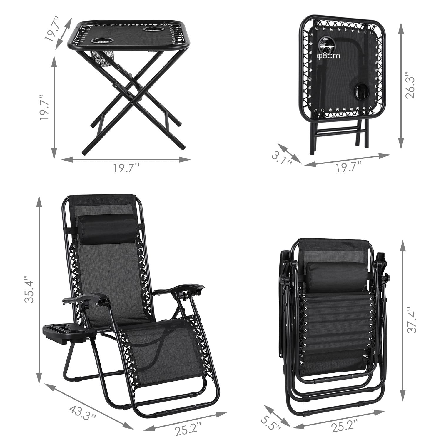 AthLike Outdoor Textilene Zero Gravity Chairs Set, Adjustable & Folding Patio Lawn Reclining Lounge, Anti-Gravity Camping Metal Steel Chair w/Side Table, Cup Holders, Pillows (Black)