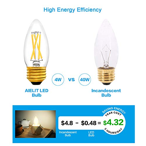 AIELIT LED Light Bulb Dimmable, 4W(40-Watt Equivalent) Soft White 3000K, B11 E26 Base LED Edison Bulbs for Hanging Pendant Wall Lamp Chandelier, 3-Pack