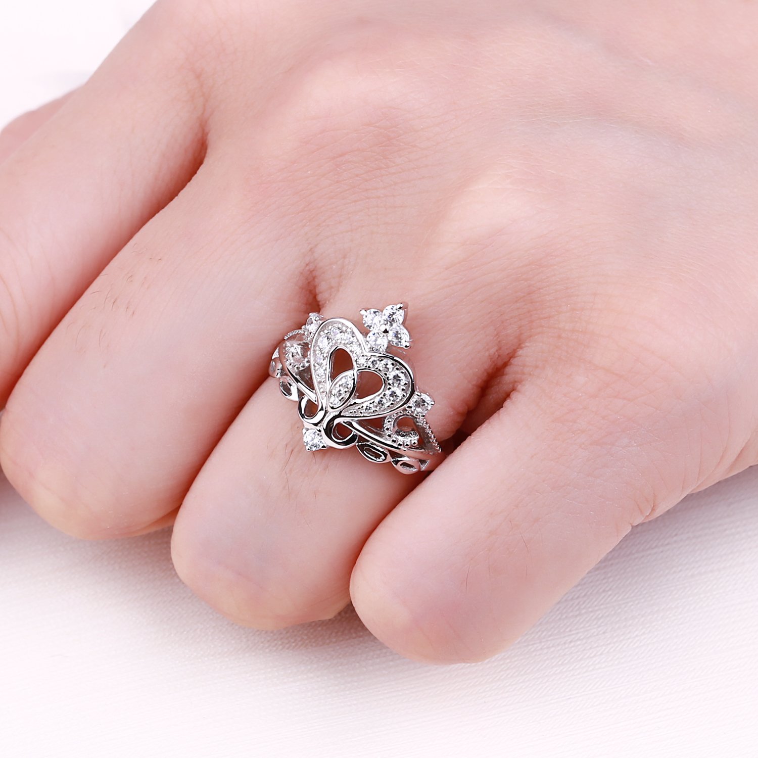 925 Sterling Silver Princess Crown Ring with White Gold Plated Heart Shape Ring Size 7- Top JO WISDOM Ring Gift