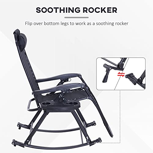 Outsunny Outdoor Rocking Chairs, Foldable Reclining Zero Gravity Lounge Rocker w/Pillow, Cup & Phone Holder, Combo Design w/Folding Legs, Black