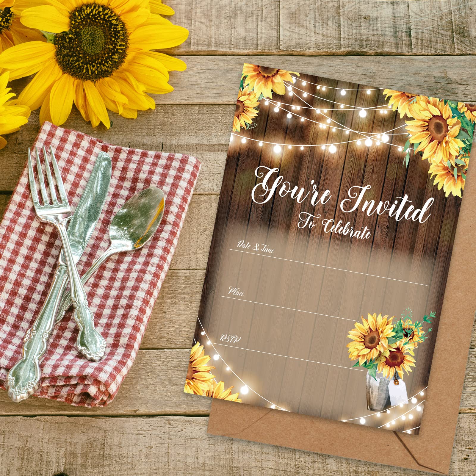 AnyDesign Rustic Sunflower Fill-in Party Invitations, 25 Sets with 25 Envelopes, Suitable for Birthday, Baby Shower, Wedding, Bridal Shower, Rehearsal Dinner, Anniversary, etc.