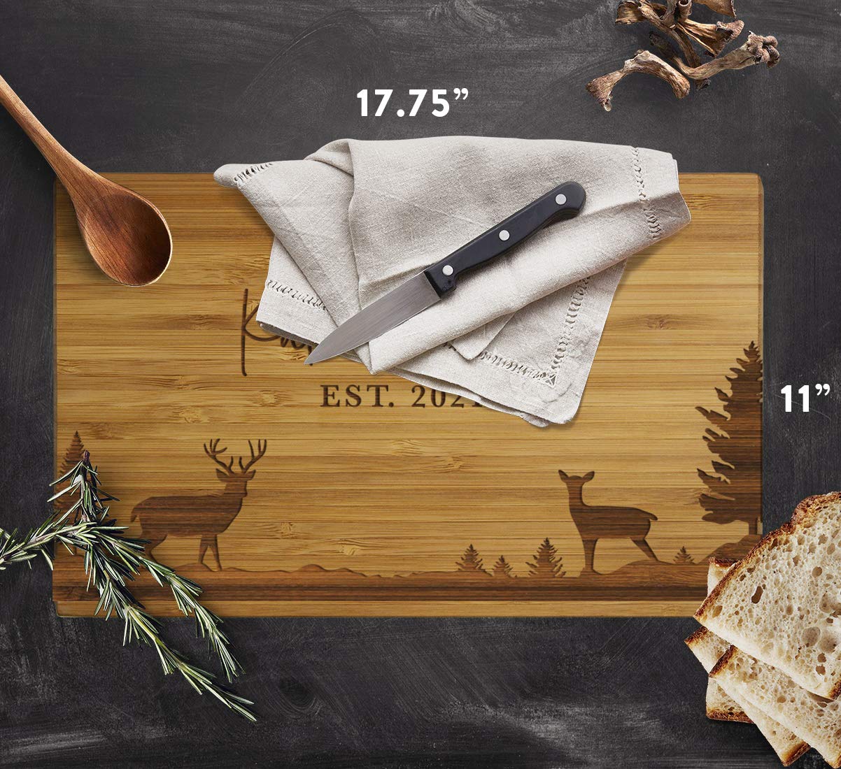 Andaz Press Personalized Large Bamboo Wood Cutting Board Gift, 17.75 x 11-inch, James & Emma, Est. 2024, Rustic Deer Forest, 1-Pack, Custom Engraved Serving Chopping Board Christmas