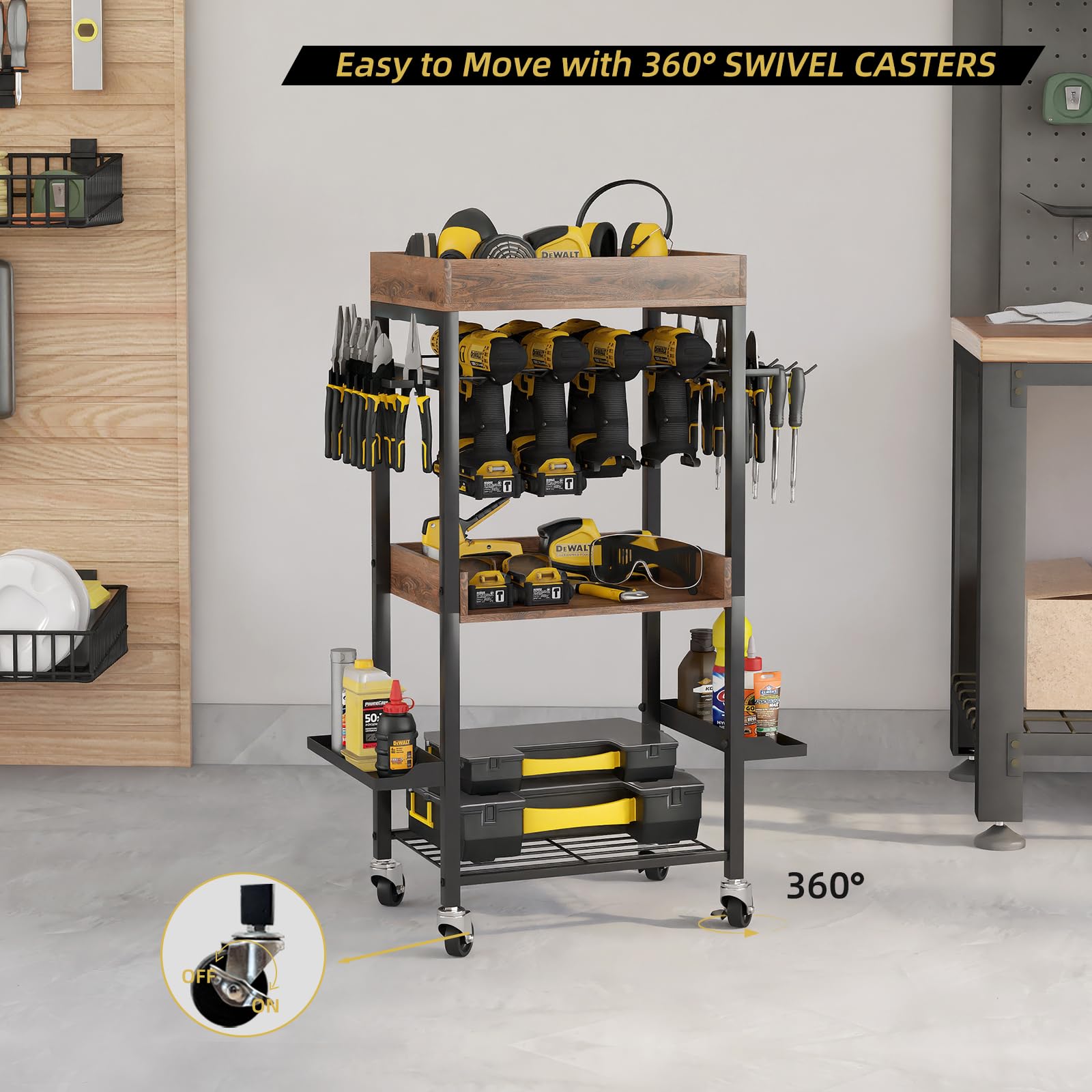 Power Tool Organizer Cart, Metal Rolling Tool Chest with Wheels, 4 Layer Garage Tool Storage Organization Shelving, Movable Drill Rack Tool Holder for Workbench, Workshop and Garage